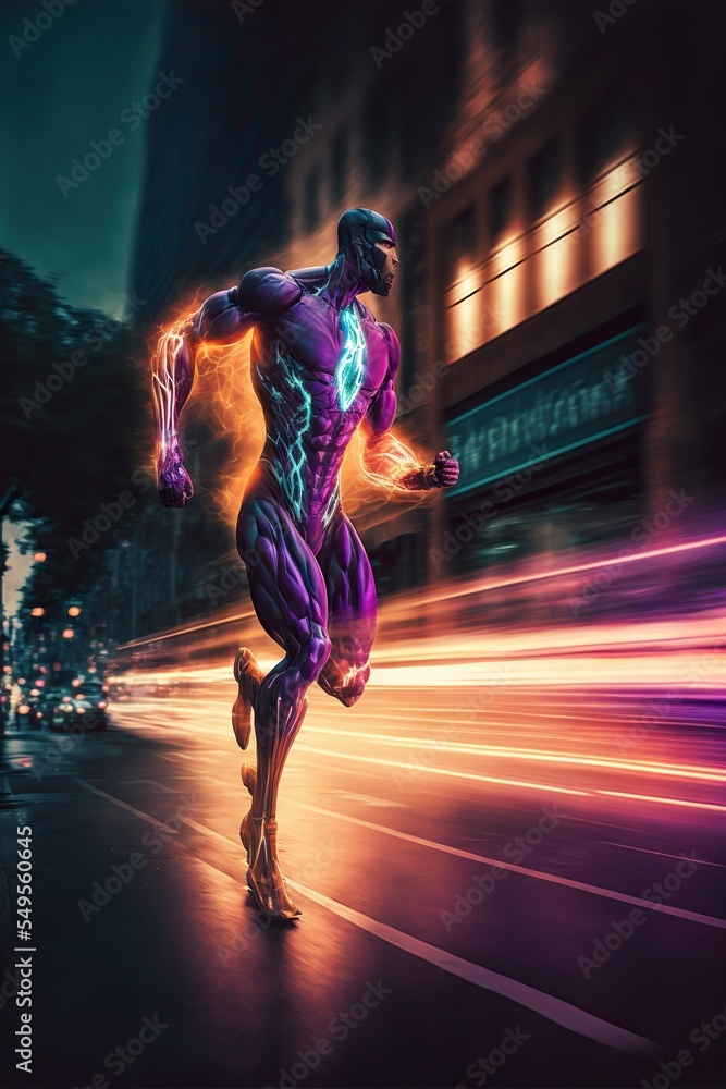 Generic superhero running through big city streets. Long exposure ...
