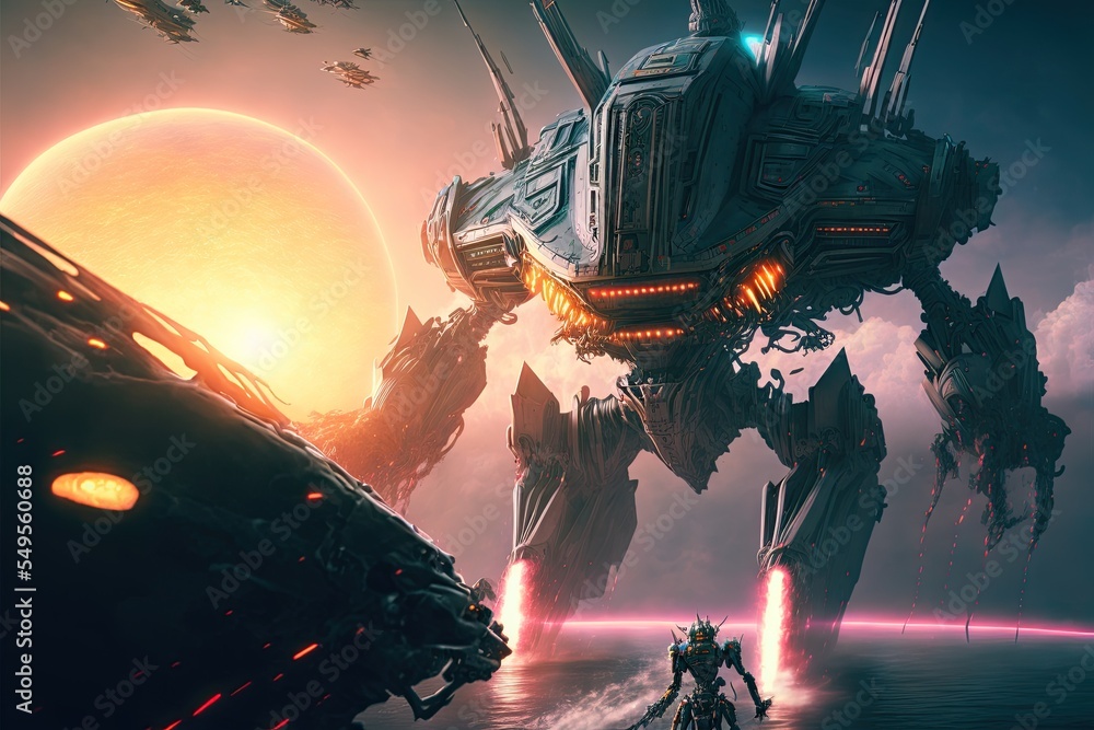 Epic sci-fi space battle with many space ships and lasers and giant mecha robot fighting. Stock ...