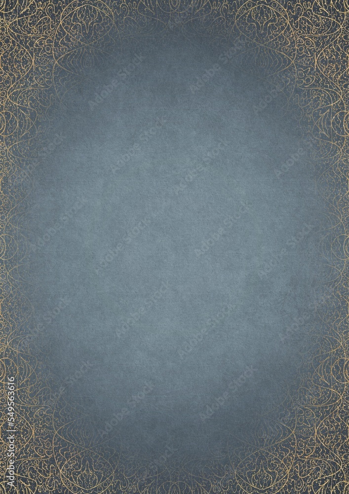 Light blue textured paper with vignette of golden hand-drawn pattern ...