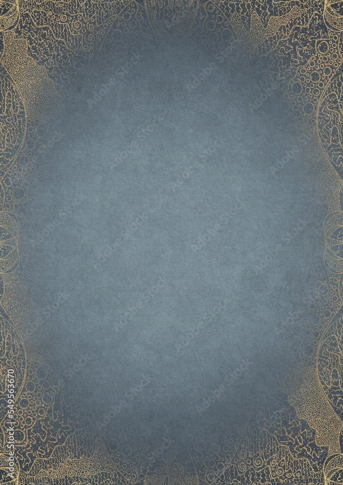 Light blue textured paper with vignette of golden hand-drawn pattern ...