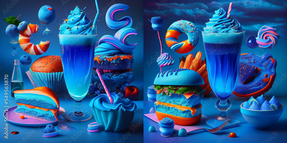 Surrealistic illustration, food, fast food composition, abstract ...