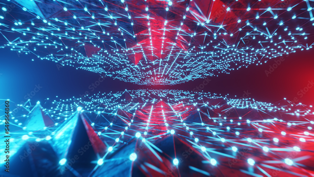 Abstract Neon Light. Blue high tech field with glow particles form ...