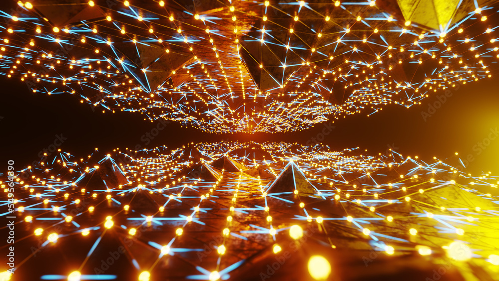 Abstract Neon Light. Blue high tech field with glow particles form ...