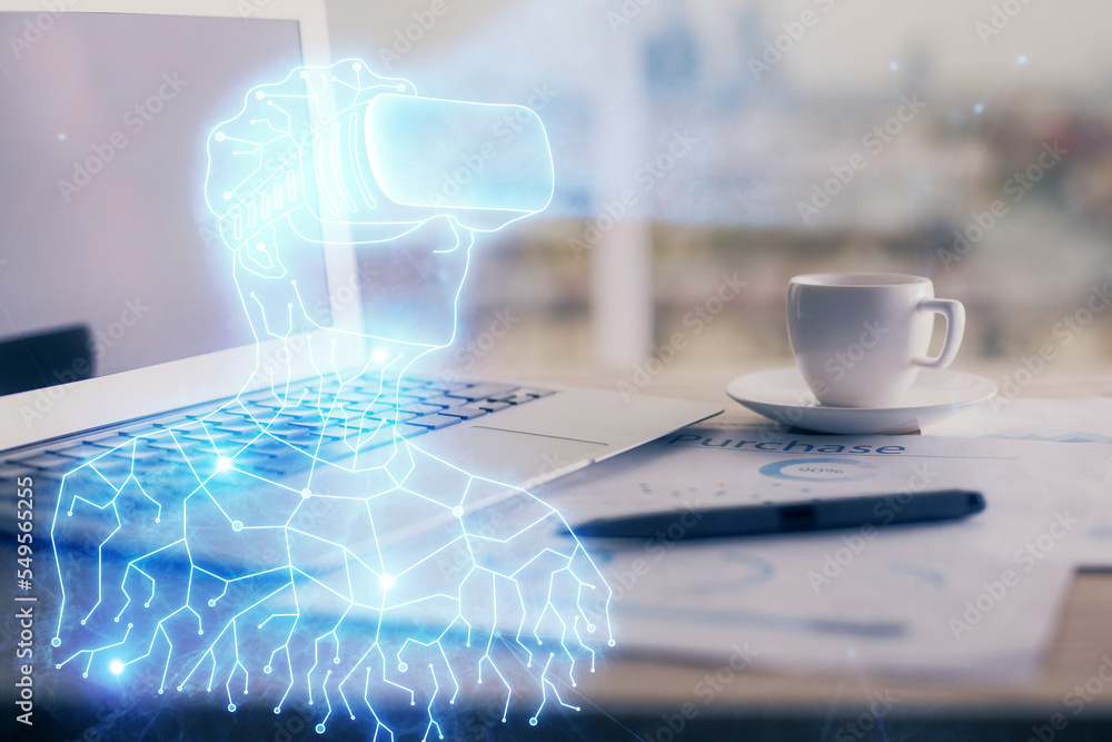 Computer on desktop with AR theme icon. Multi exposure. Concept of ...