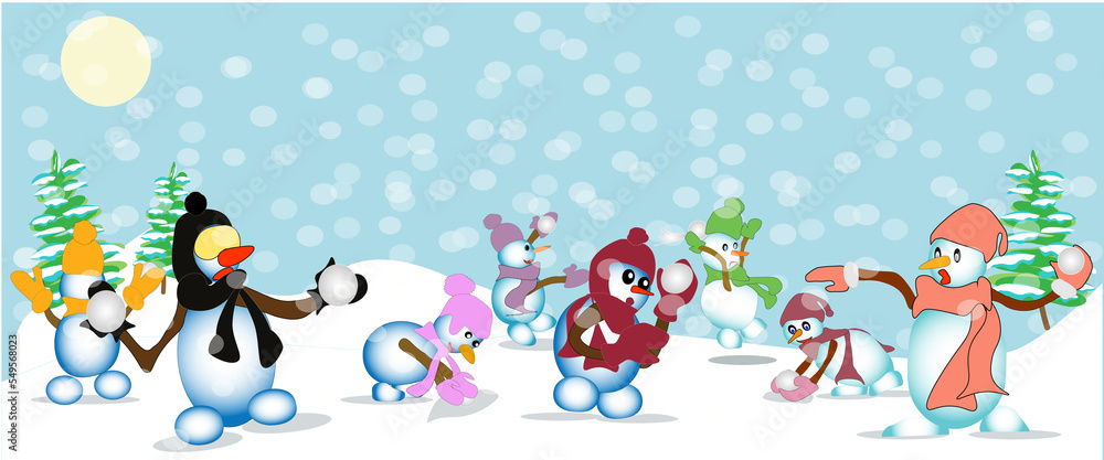 snowmen playing snowballs, vector illustration, cartoon snowmen ...