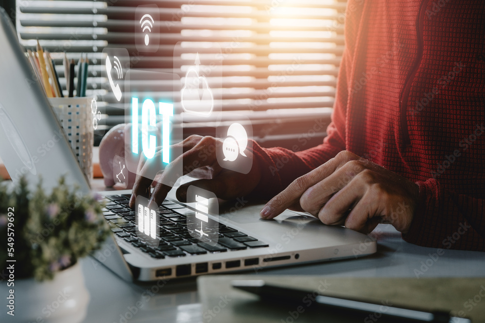 Information and Communications Technology (ICT) concept, Person hand ...