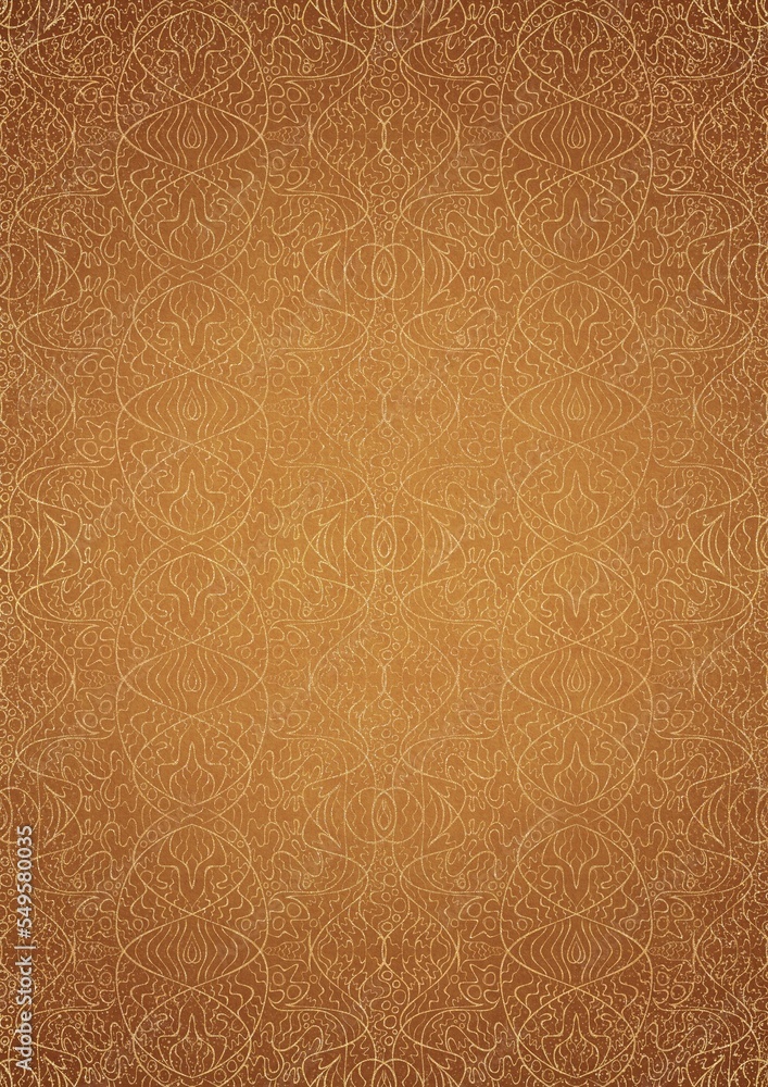 Hand-drawn unique abstract gold ornament on a yellow background, with ...