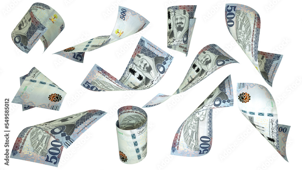 3D rendering of Saudi riyal notes flying in different angles and ...