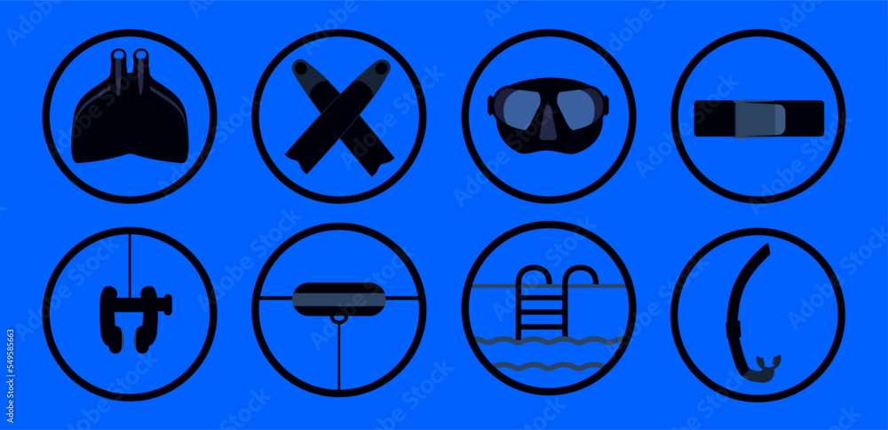 freediving icons, vector freediving equipment: monofin, bi-fins, mask ...