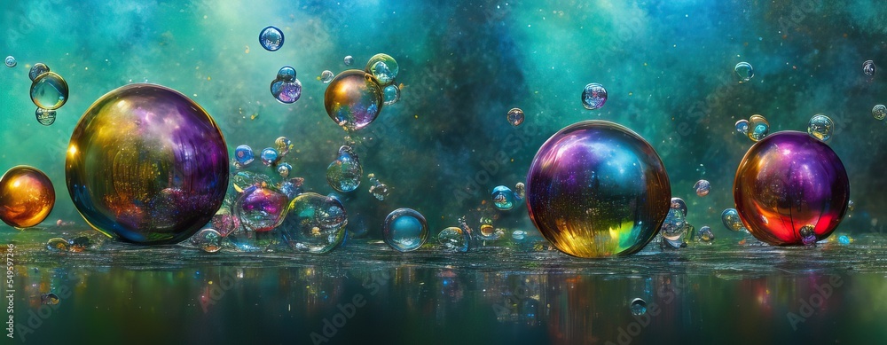 Soap bubbles floating over water, abstract art background Stock ...