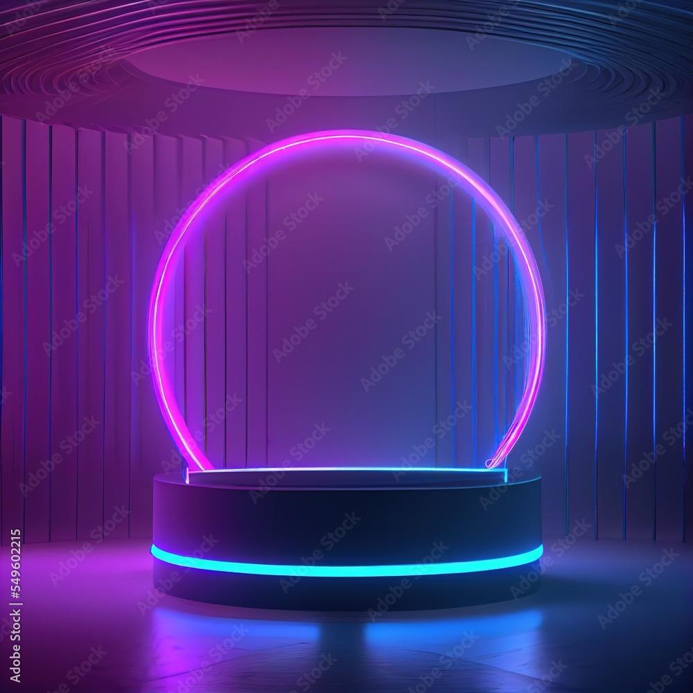 Neon cyberpunk empty podium with pedestal stage in the spotlight neon ...