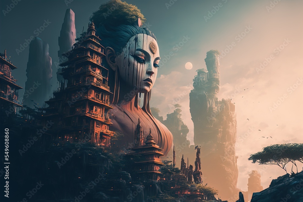huge buddha in future city. environmental architecture, digital art ... huge buddha in future city. environmental architecture, digital art ...