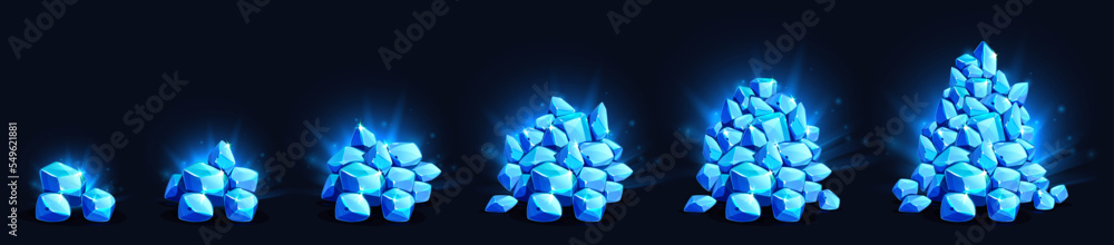 Gemstone crystals growing pile game assets. Blue glowing treasure ...