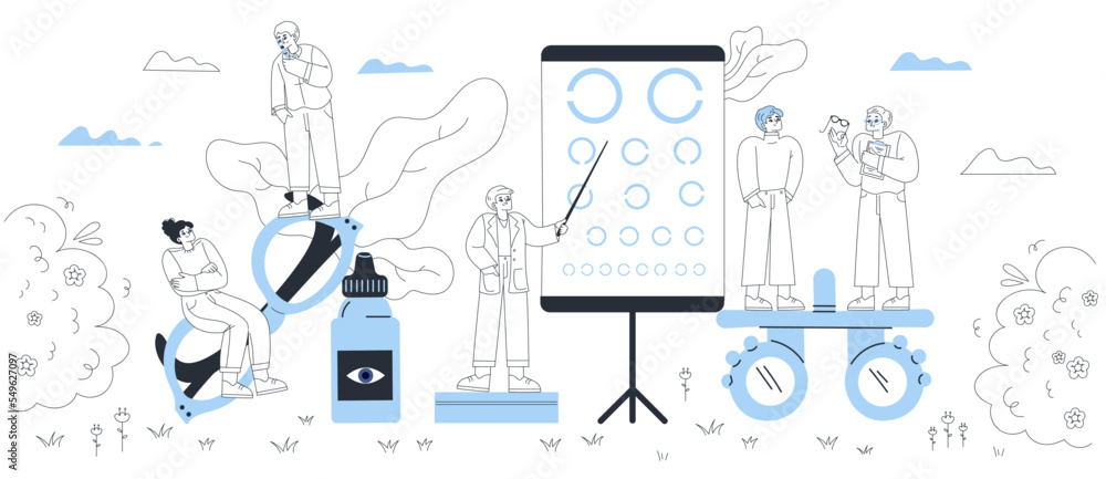 Ophthalmology doodle concept with optometrist doctors check up patient ...