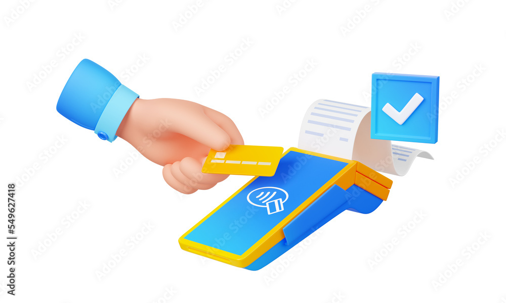 3D illustration of hand holding bank card near payment terminal and ...