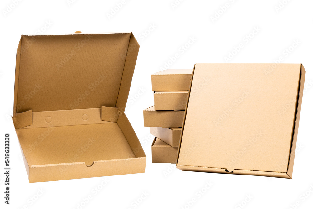 Front view of stack brown pizza box isolated on white background with ...