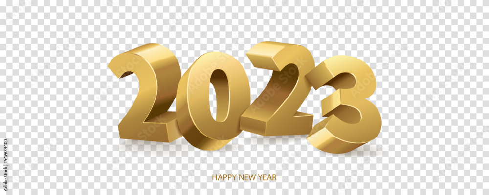 Happy new year 2023. Golden shiny 3D numbers, isolated on transparent ...