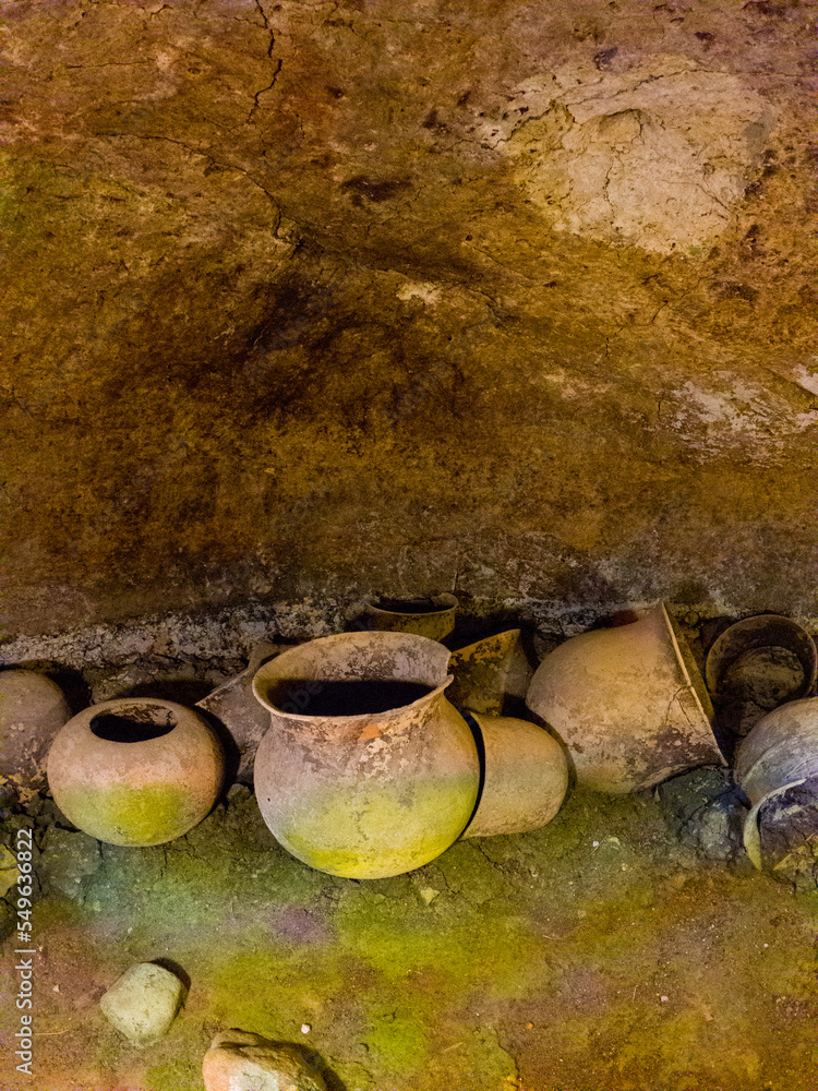 Ancient clay pot in indigenous tomb, National Archeological Park of Tierradentro of Inza, Cauca ...