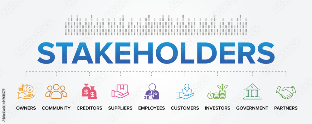 Stakeholders concept vector icons set infographic background ...