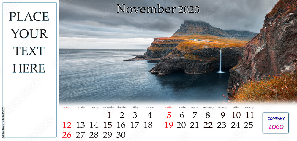 Foto de November 2023. Desktop monthly calendar template with place ...