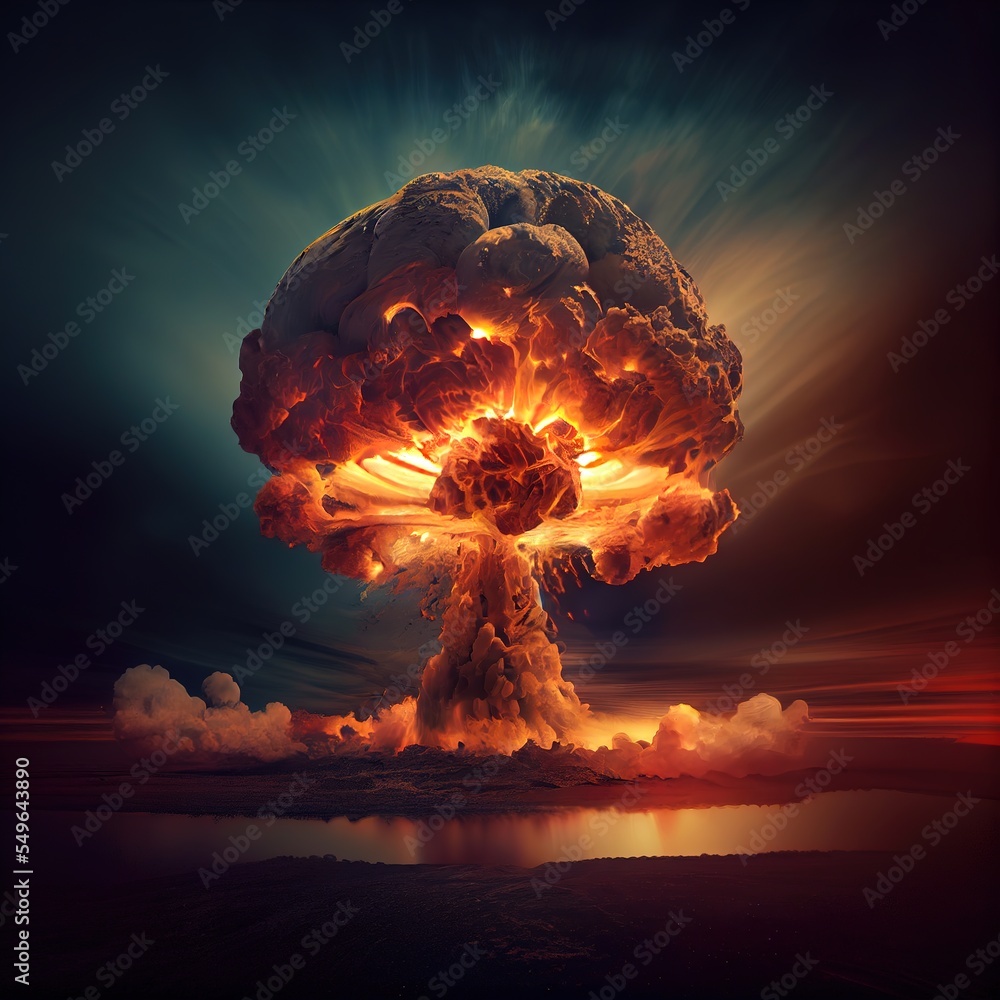 Nuclear explosion in the desert. Atom bomb explosion and mushroom cloud ...