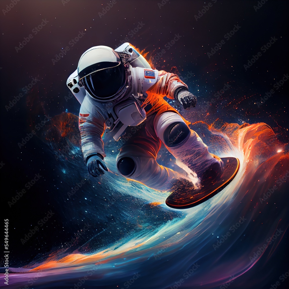 Astronaut surfing on the abstract wave in outer space. Creative ...