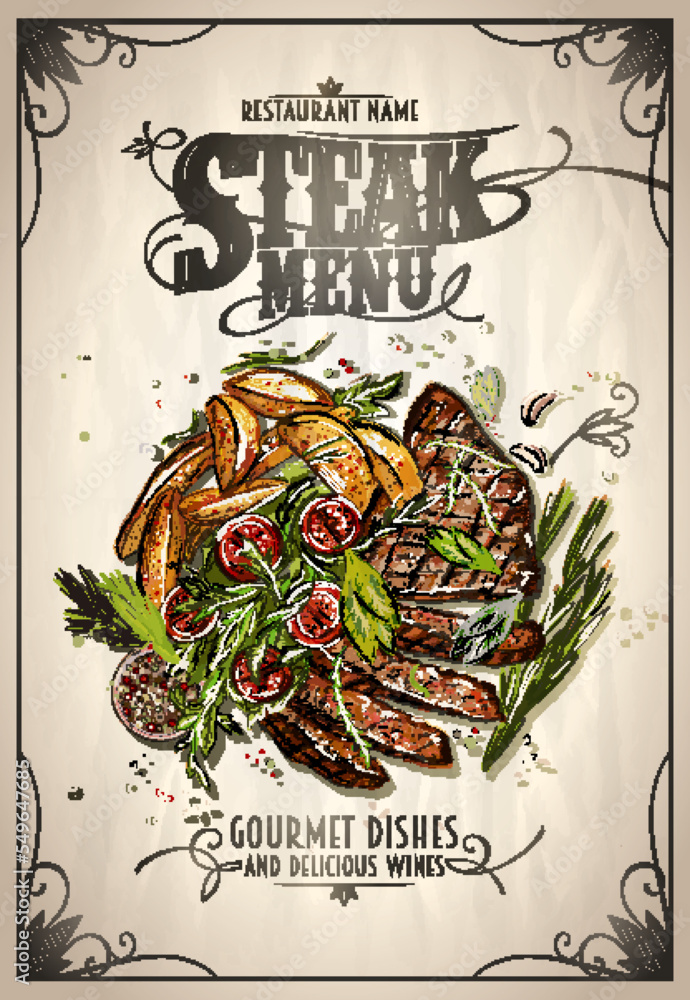 Steak menu vector design template with hand drawn sketch style ...