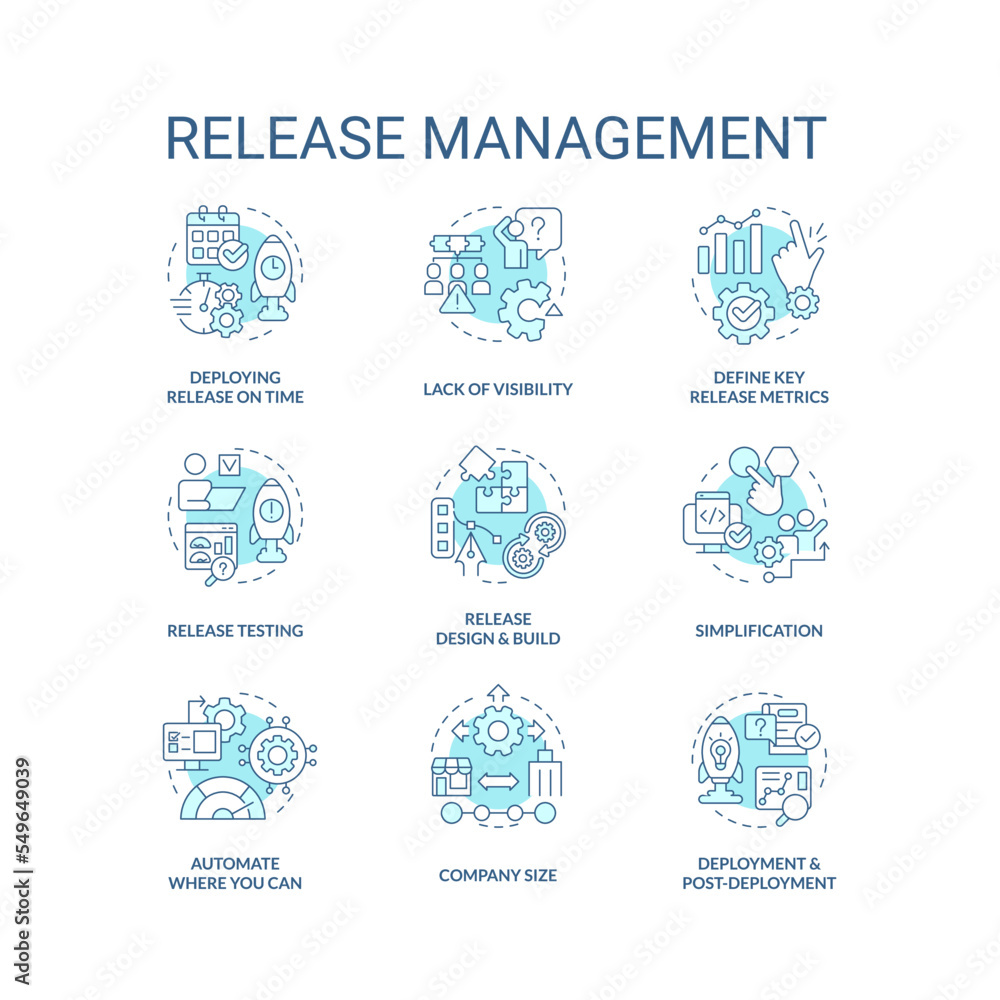 Release management turquoise concept icons set. Software development ...