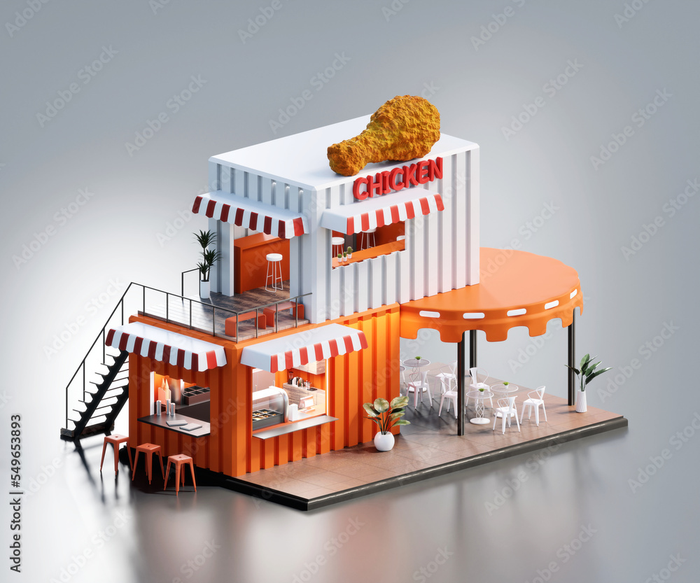 Isometric view minimal fried chicken restaurant container store ...