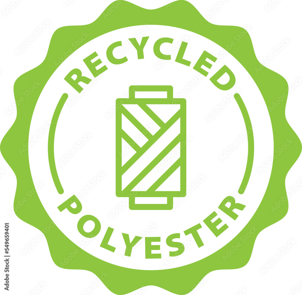 recycled polyester green stamp. Symbol, outline icon, tag, badge, label ...