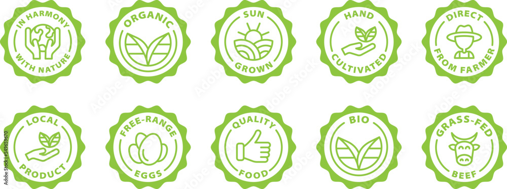bio fresh local farm food icon set, green stamps. Symbol, outline icon ...