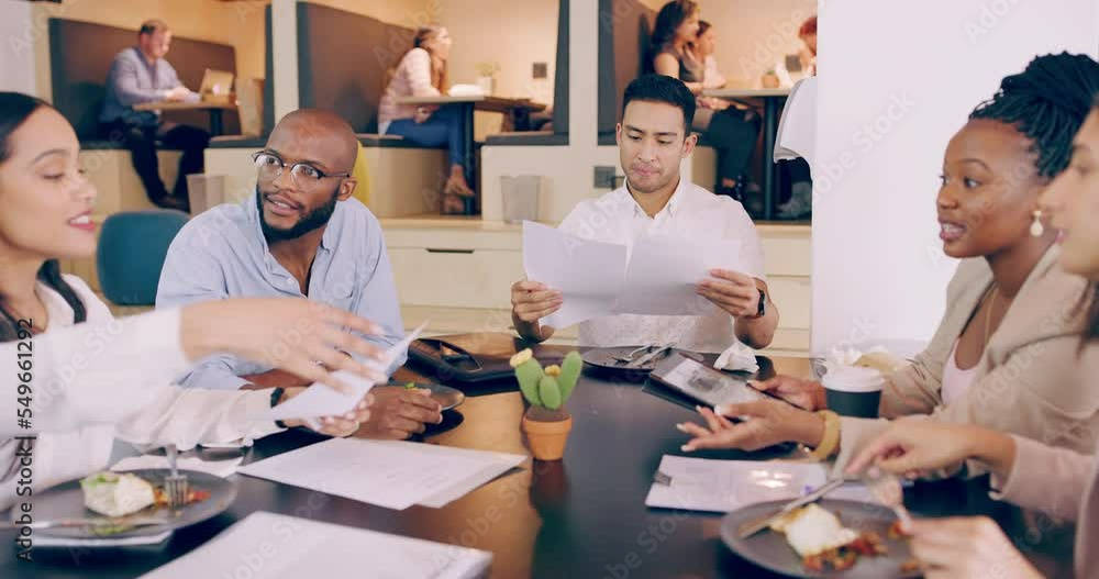 Business people, lunch break and office meeting, group planning and ...