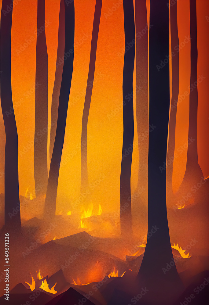 A vertical poster shows a forest ablaze, with tree trunks trapped in ...