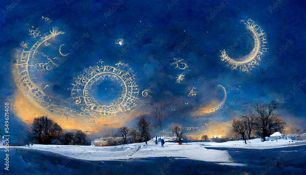 Magical and astrological zodiac in a winter and snow landscape, starry ...