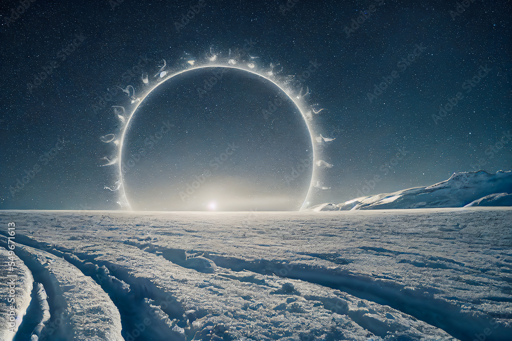 This winter landscape features a magical zodiac and a starry sky with ...