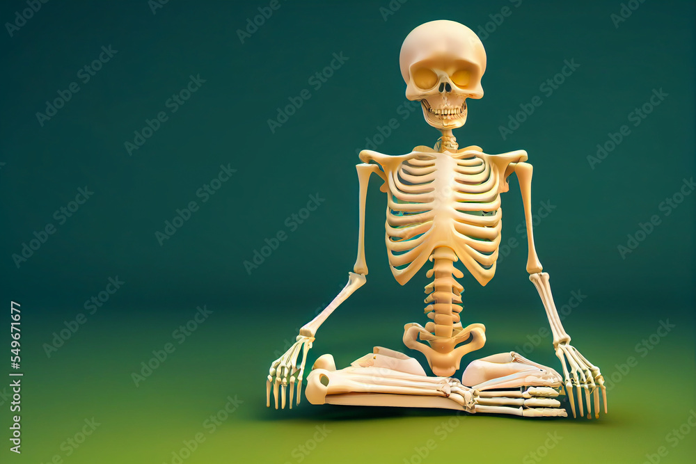 Skeleton sitting in the lotus position practicing meditation ...