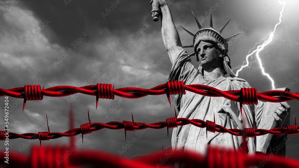Statue of Liberty behind barbed wire. Arrest and restriction freedom ...