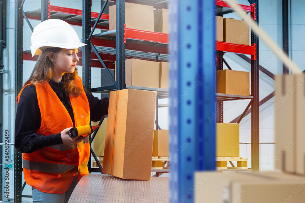 Woman employee of customs warehouse. Girl with box in warehouse ...