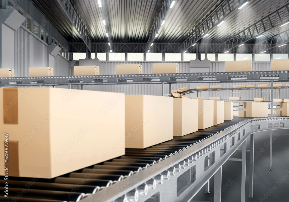 Conveyor with parcels. Distribution warehouse of delivery service ...