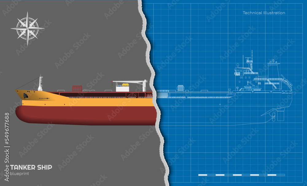 Tanker drawing. 3d cargo ship industrial blueprint. Petroleum boat view ...