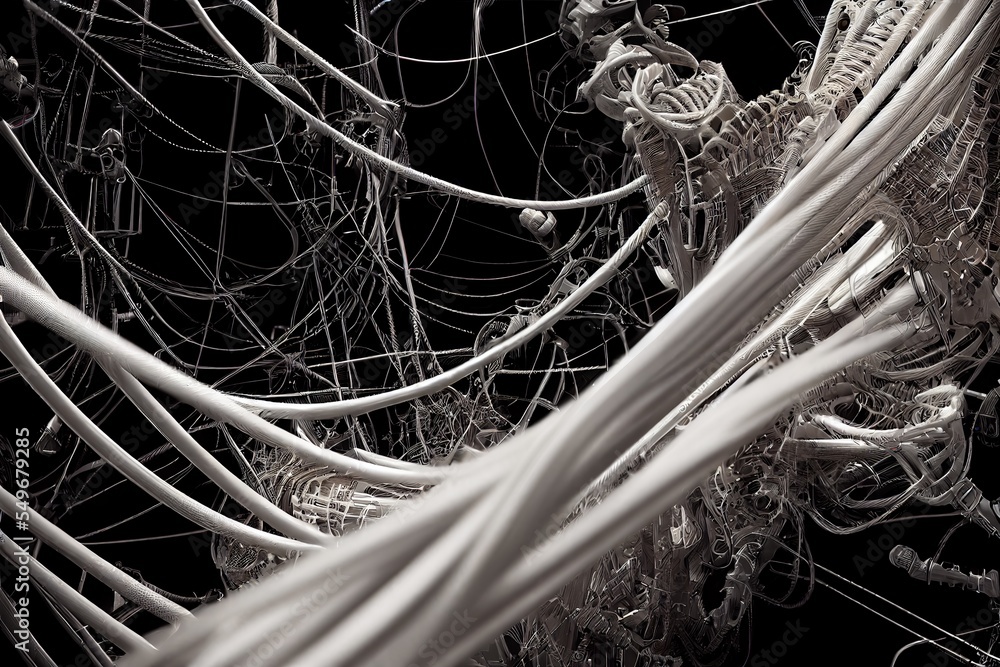 Dark dystopian sci-fi cable environment texture with mechanical objects ...