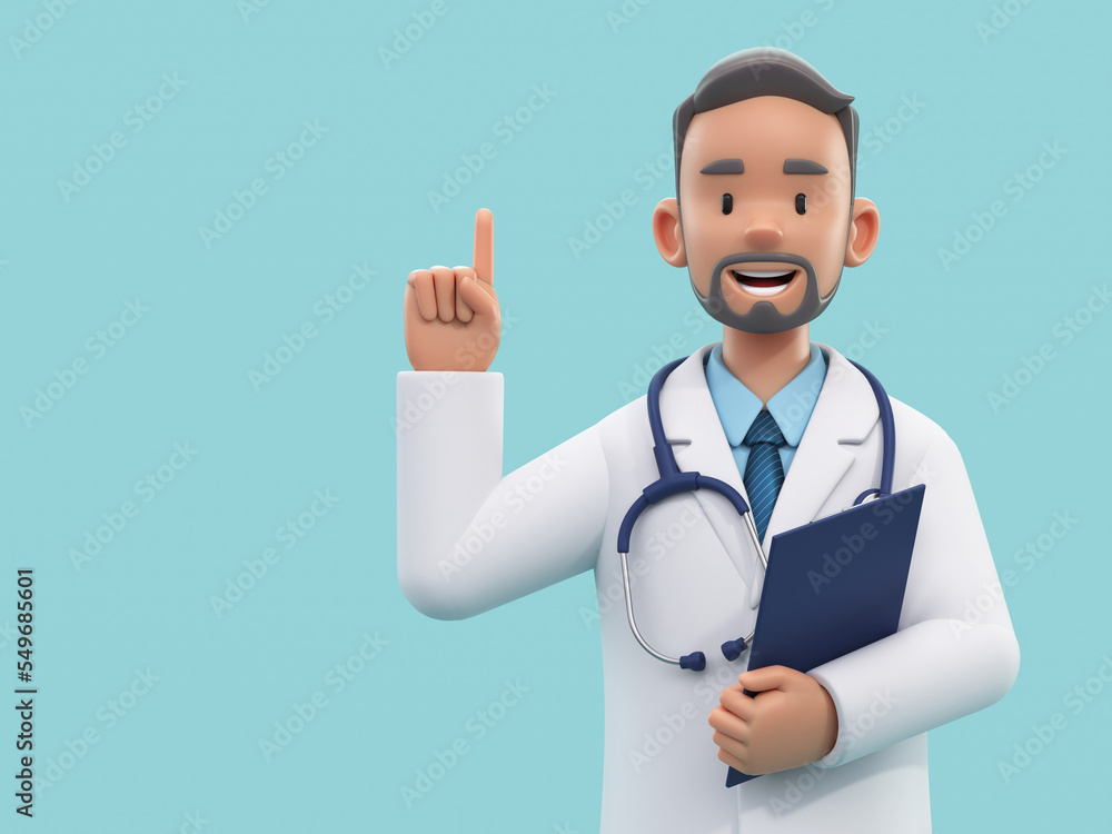 Cartoon doctor character pointing index finger up. Male medic ...