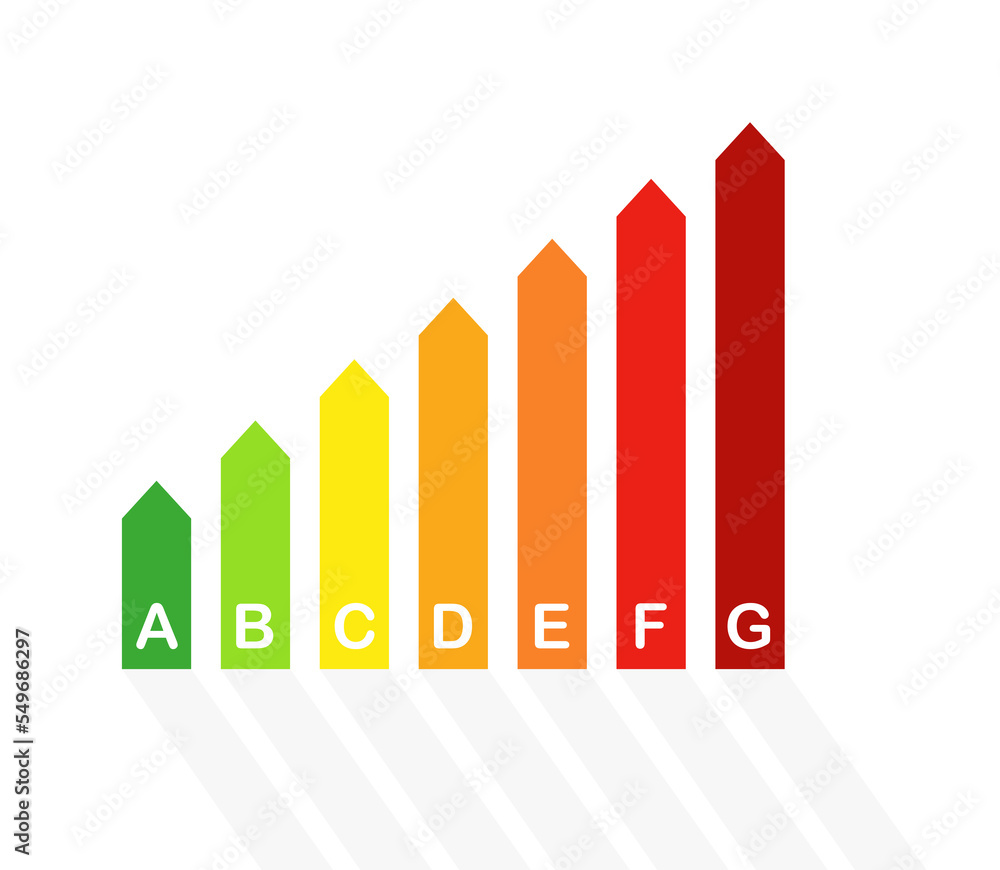 energy saving efficiency icon. house chart graph vector. bulb class ...