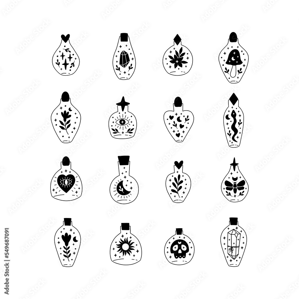 Potion bottle vector collection. Witches brew with celestial elements ...