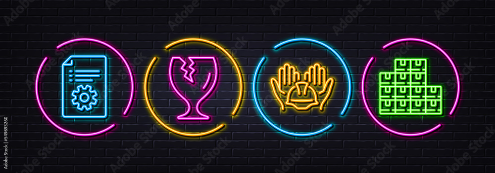 Technical documentation, Fragile package and Builders union minimal line icons. Neon laser 3d ...