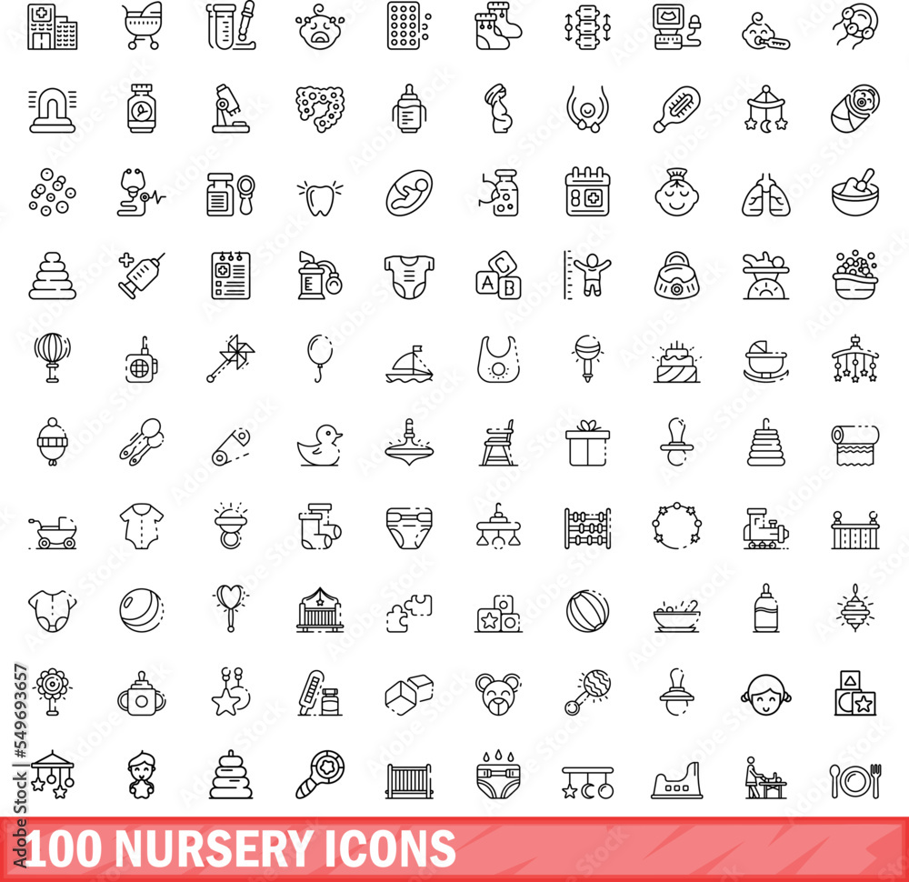 100 nursery icons set. Outline illustration of 100 nursery icons vector ...