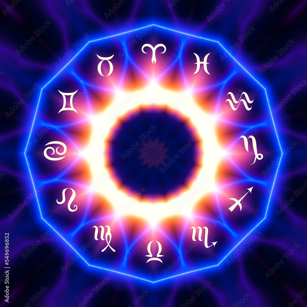 Magic circle with zodiacs sign on abstract black background. Stock ...