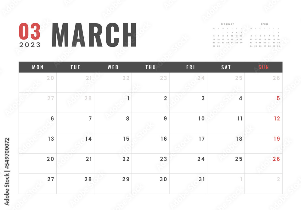 Monthly Calendar Template of march 2023. Vector simple gray grid layout ...
