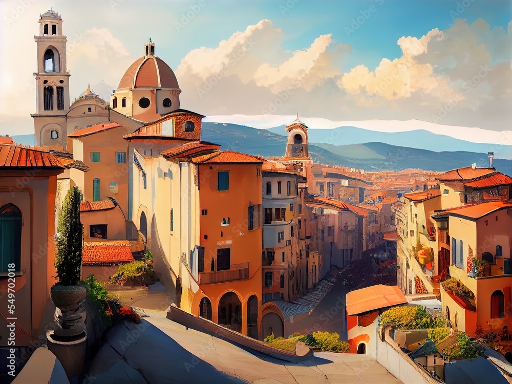 Beautiful streets of Italy. Ai generated illustration in cartoon style ...