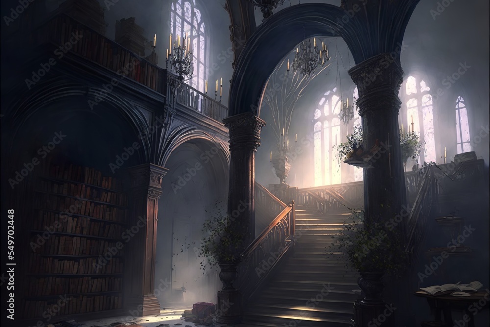dark fantasy stairs leading to library in gloomy victorian mansion ...